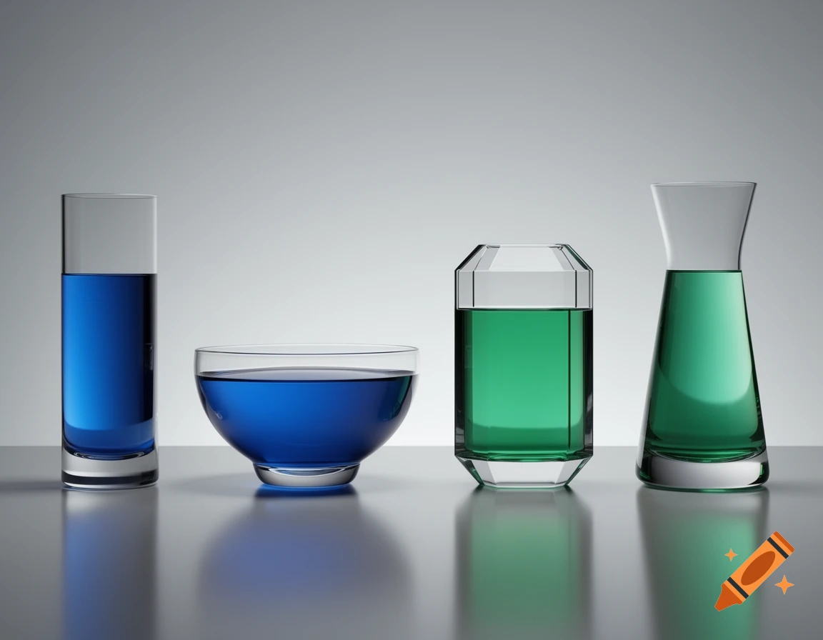 Four glass containers of different shapes, two filled with blue liquid ...