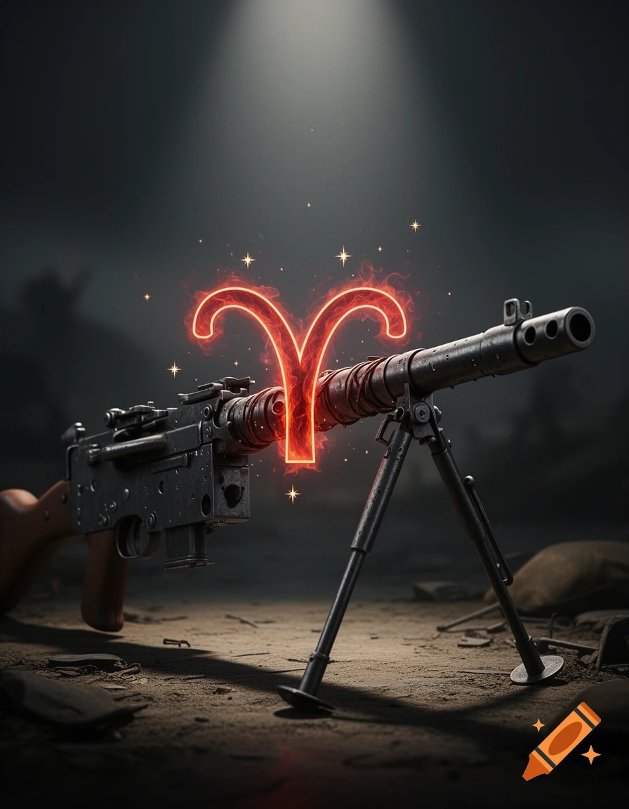 An MG42 machine gun with a glowing red Aries zodiac symbol floating ...
