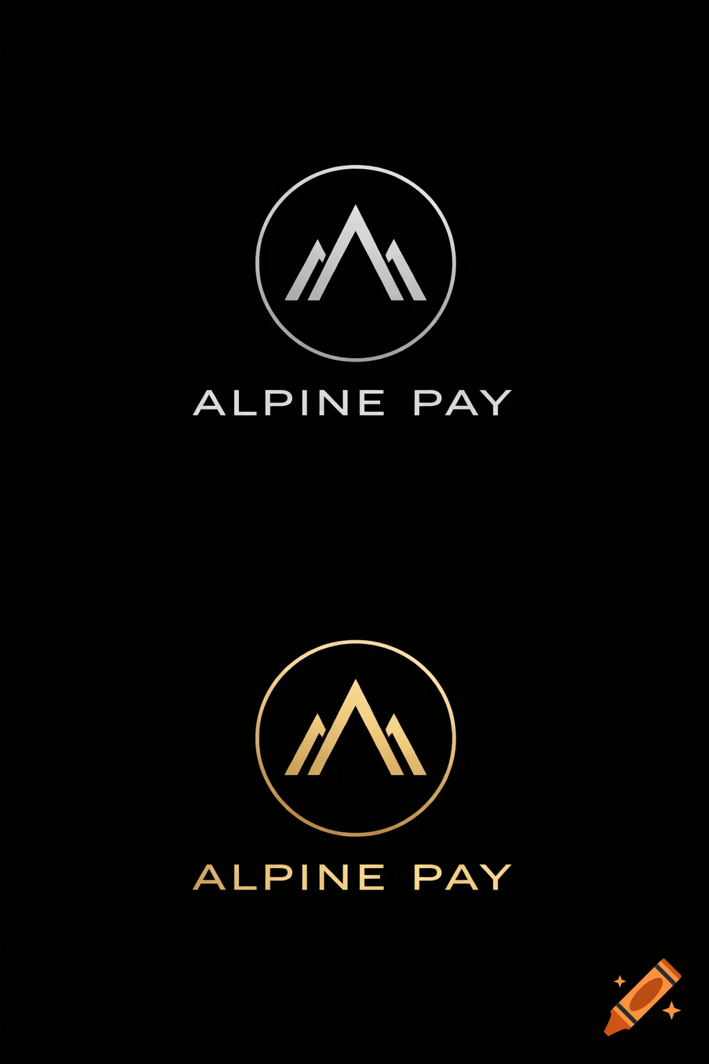 Two minimalist logos for Alpine Pay, one in silver and one in gold ...