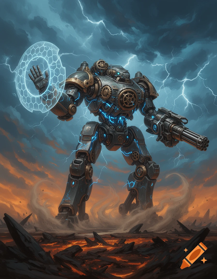 A powerful steampunk-style war mech with glowing blue energy and a ...
