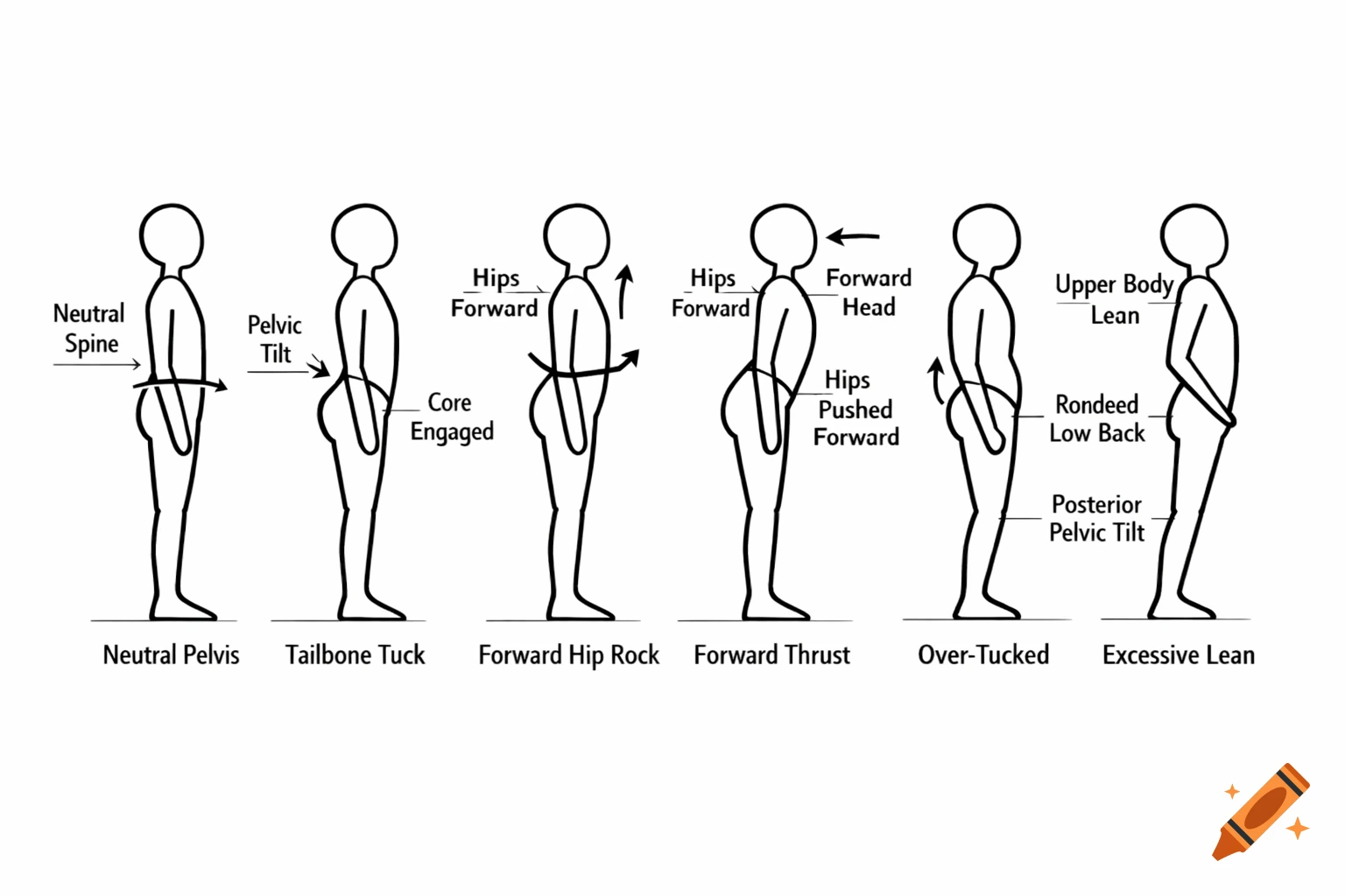 An instructional diagram with six side-view stick figures illustrating ...