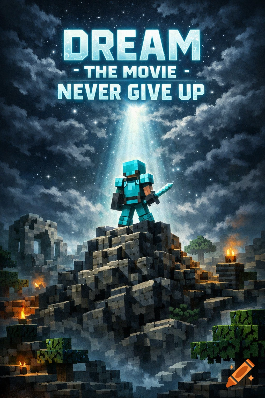 Minecraft movie poster featuring a character in blue diamond armor on a ...