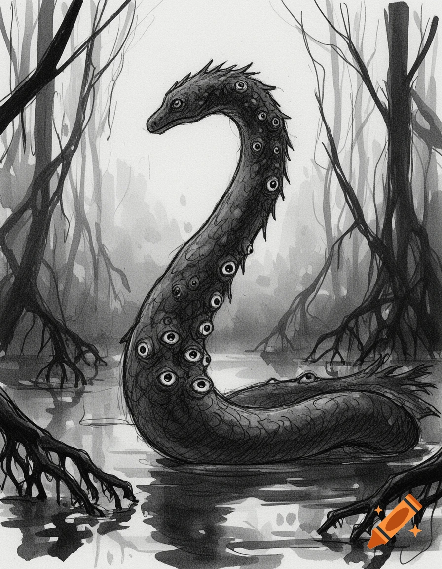 A black and white sketch of a long-necked, multi-eyed swamp creature in ...