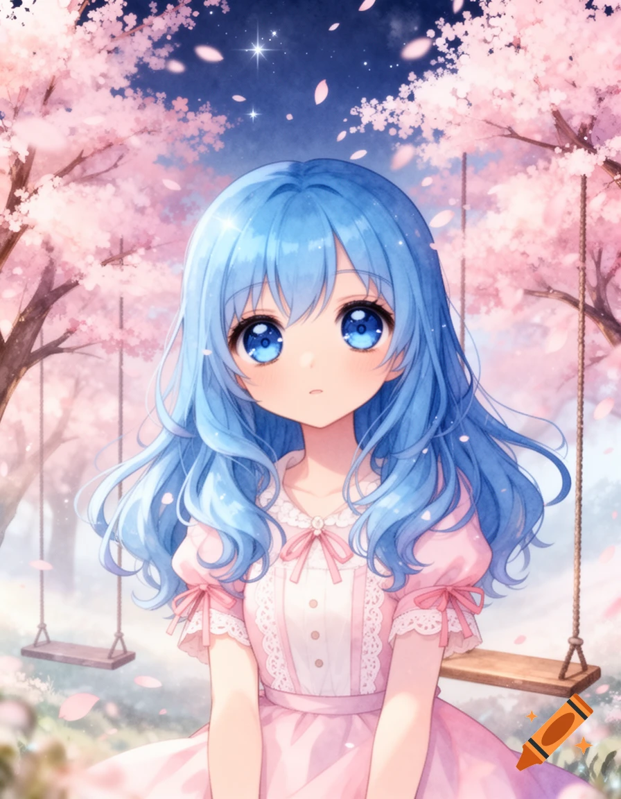 Cute anime girl with blue hair and big eyes in a pink dress under ...