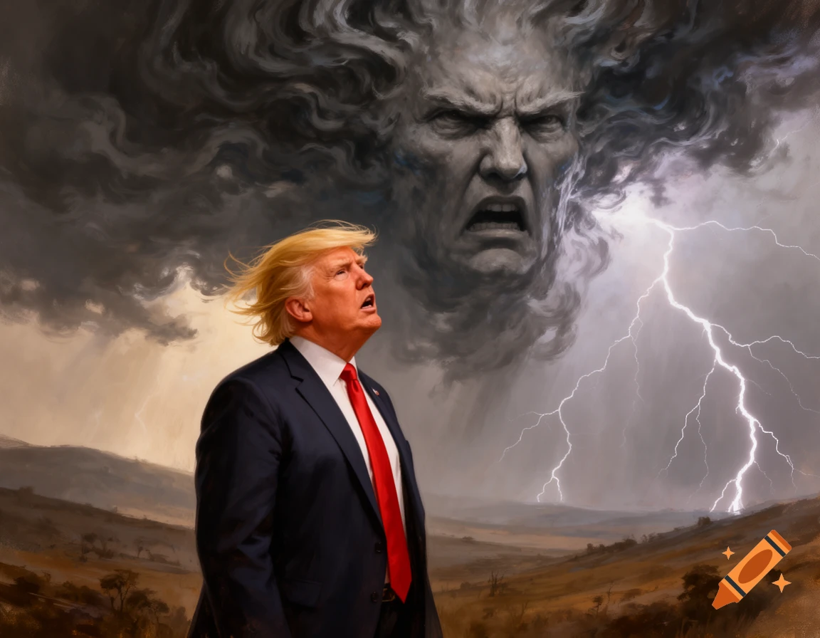Donald Trump looks up at an angry god-like face in stormy clouds with ...