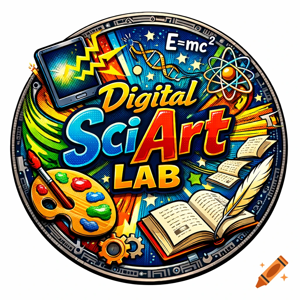 Colorful comic-style circular logo for Digital SciArt Lab, featuring a ...