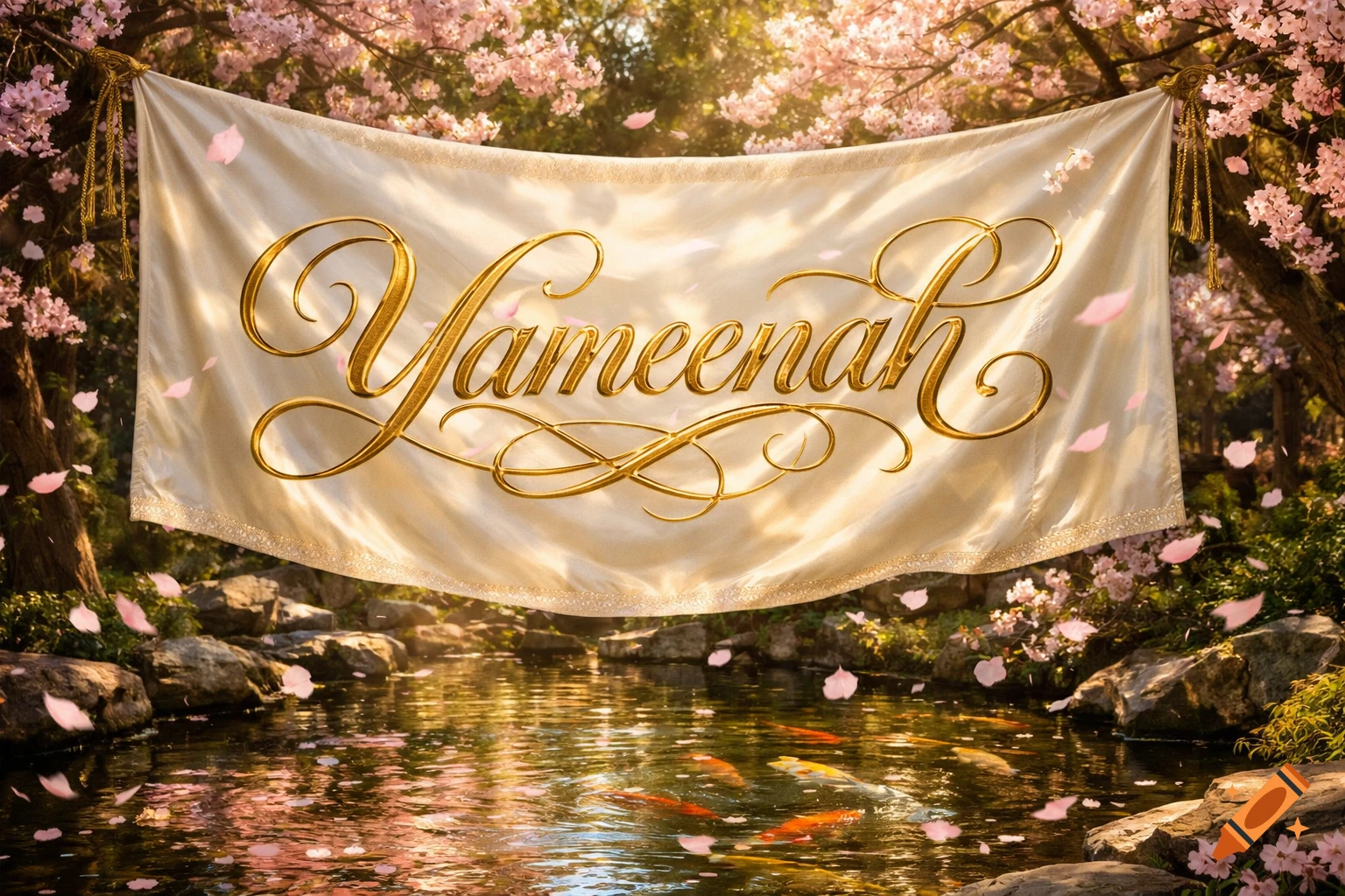 A cream banner with the name "Yameenah" in golden script hangs above a ...