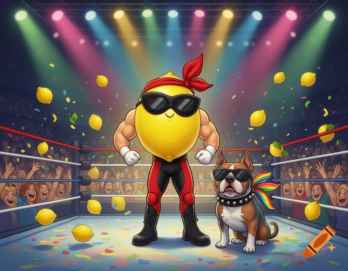 A cartoon muscular lemon man in wrestler gear, red bandana, and ...