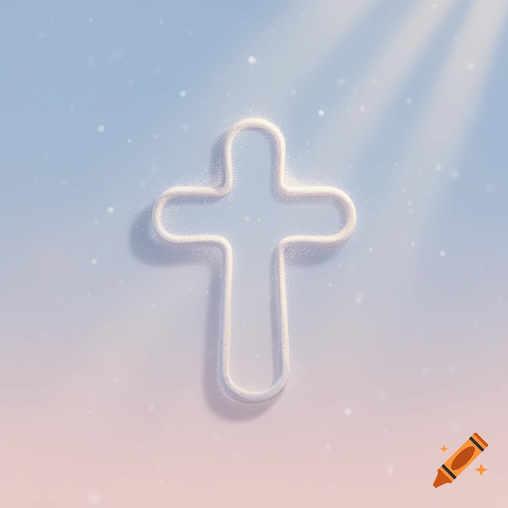 A glowing outline of a cross made of granular material, against a soft ...