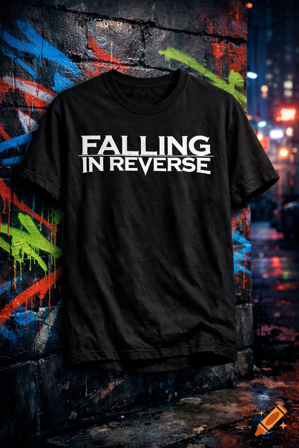 A black t-shirt with 'FALLING IN REVERSE' in white text, leaning ...