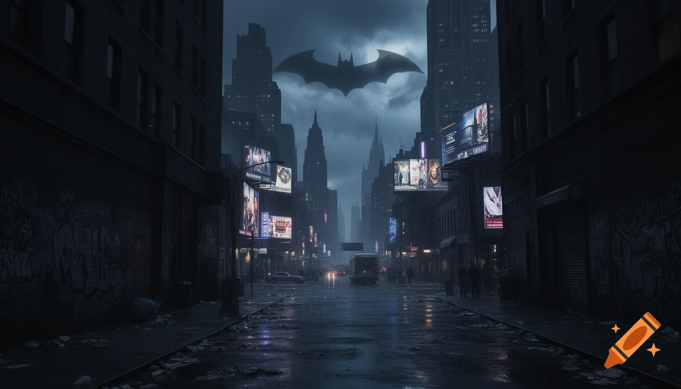 Dark, rainy Gotham City street with neon billboards and the Bat-signal ...
