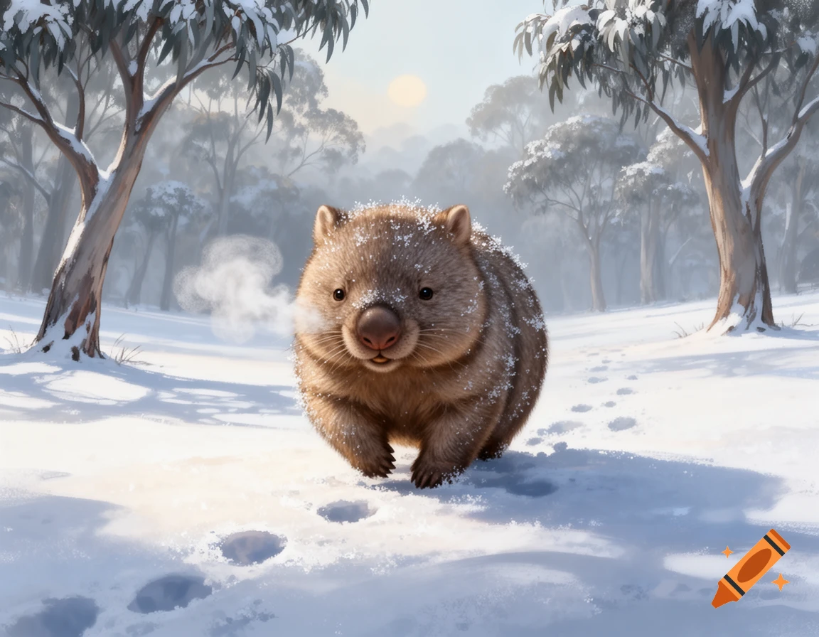 A fluffy wombat with snow on its fur walks towards the viewer through a ...