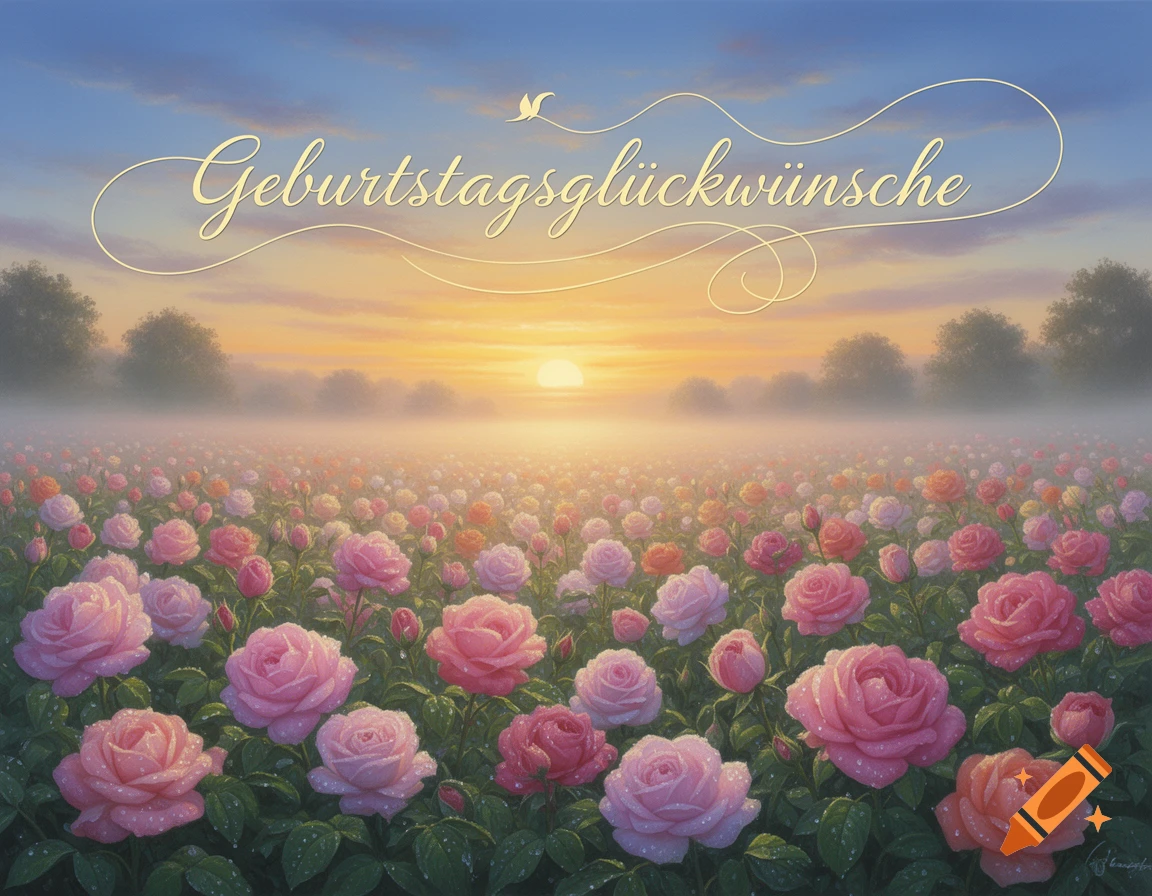 Golden script 'Geburtstagsglückwünsche' over a misty field of pink and ...