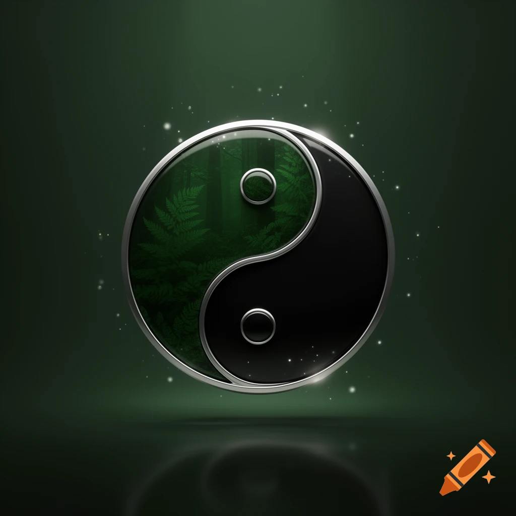 A stylized Yin Yang symbol, dark green with fern patterns and black ...