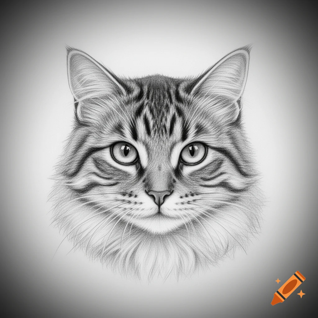 Detailed grayscale pencil drawing of a tabby cat's head, looking ...