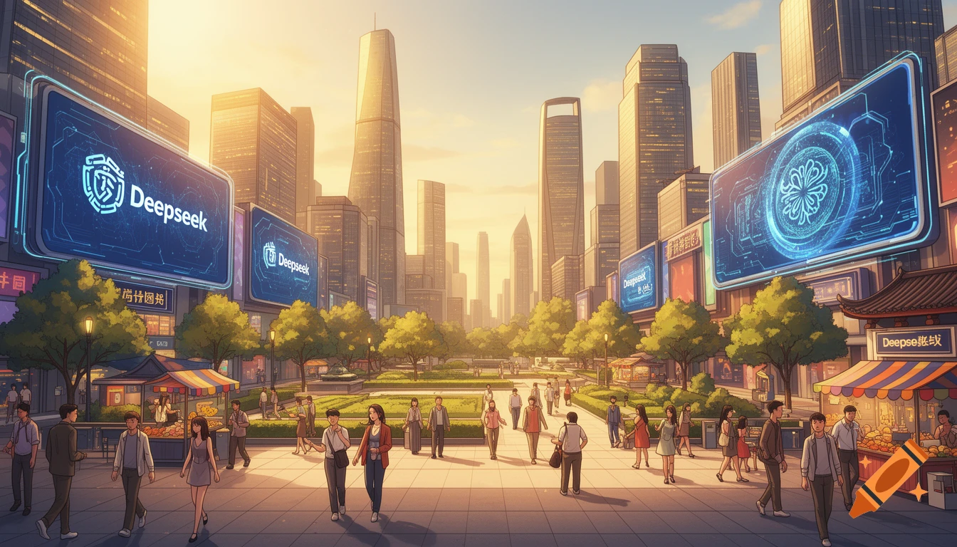 A bustling modern Chinese city square in vector style, with large ...