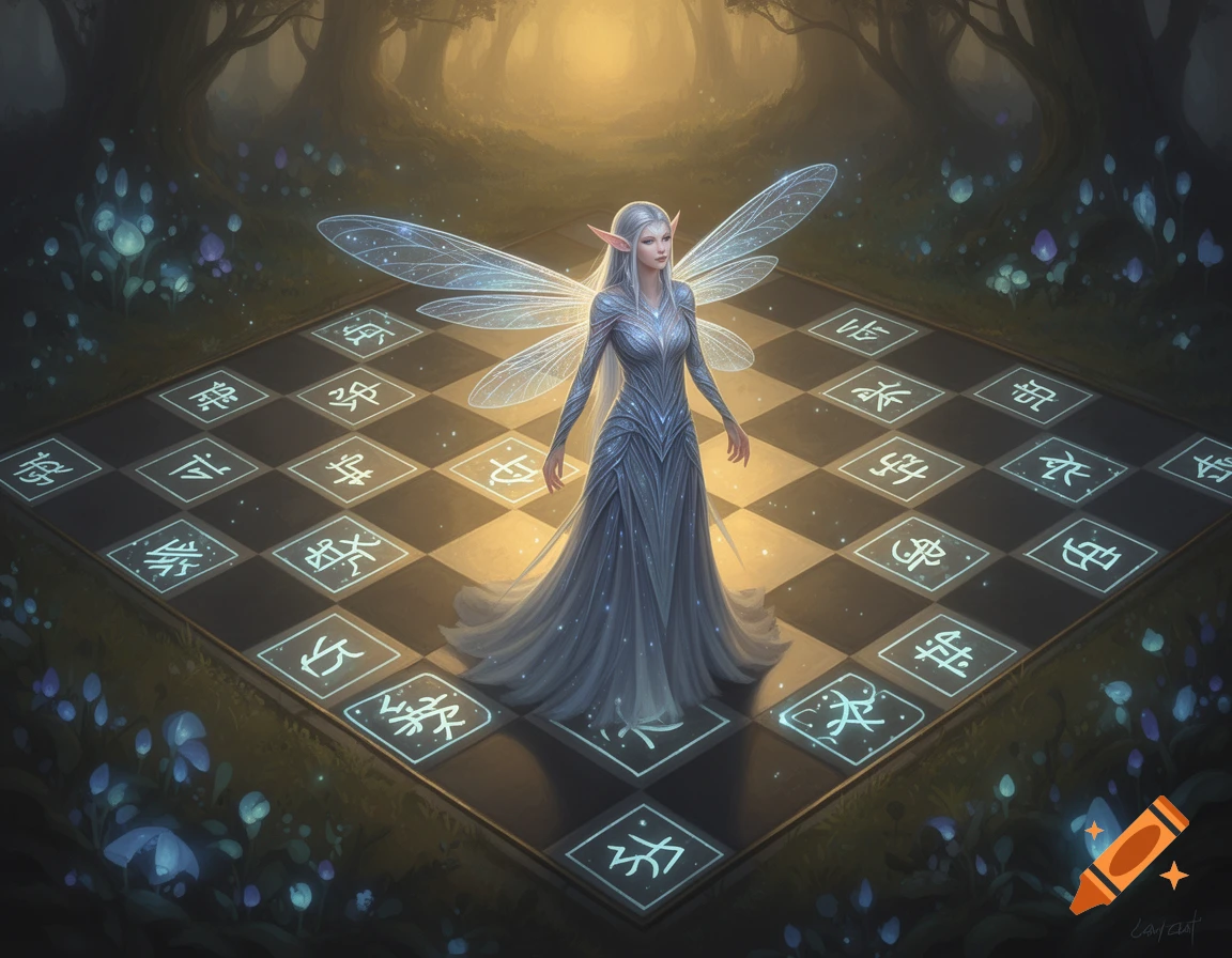 A winged elf in a blue gown stands on a glowing, rune-covered ...