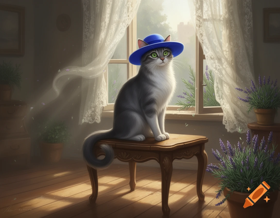 A grey and white tabby cat with green eyes wears a blue hat, sitting on ...