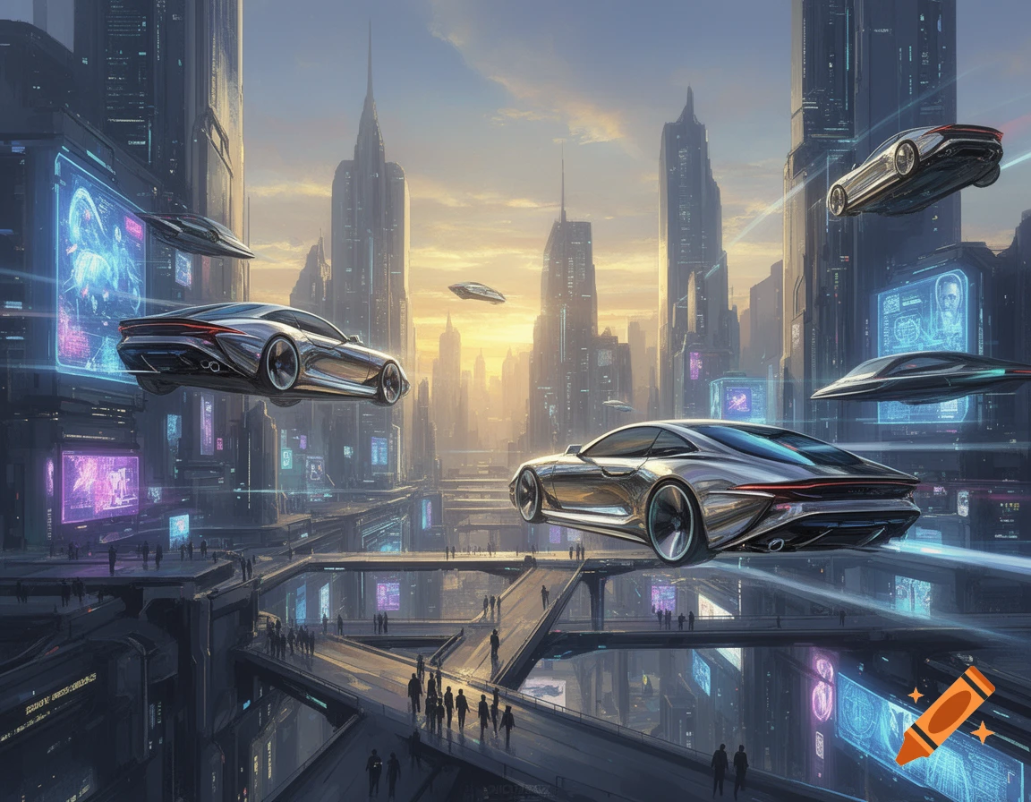 Futuristic city with flying silver cars soaring between towering ...
