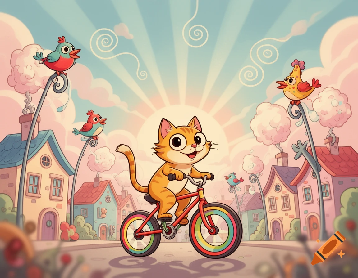 A happy retro cartoon cat rides a bicycle through a colorful village ...