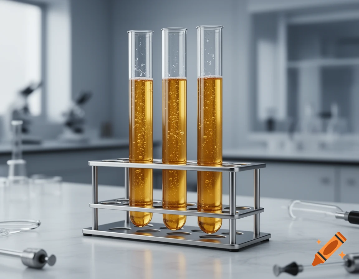 Three test tubes filled with golden, bubbly liquid in a silver rack ...
