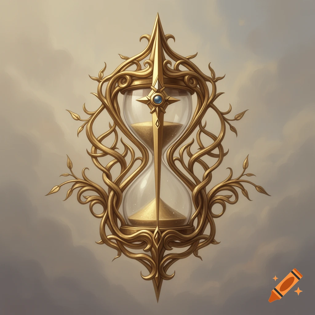 Ornate golden fantasy crest featuring an hourglass and intricate vine ...
