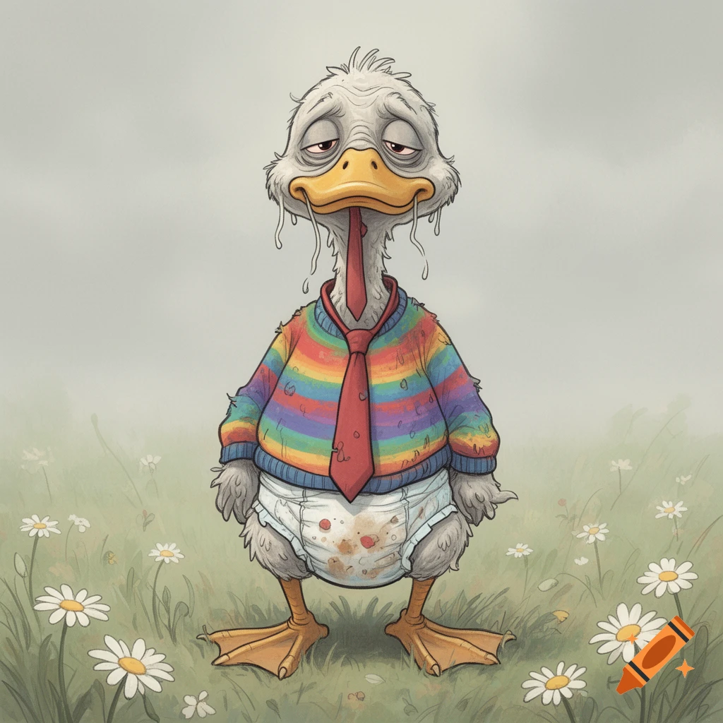 A haggard, drooling cartoon duck in a rainbow sweater, red tie, and ...