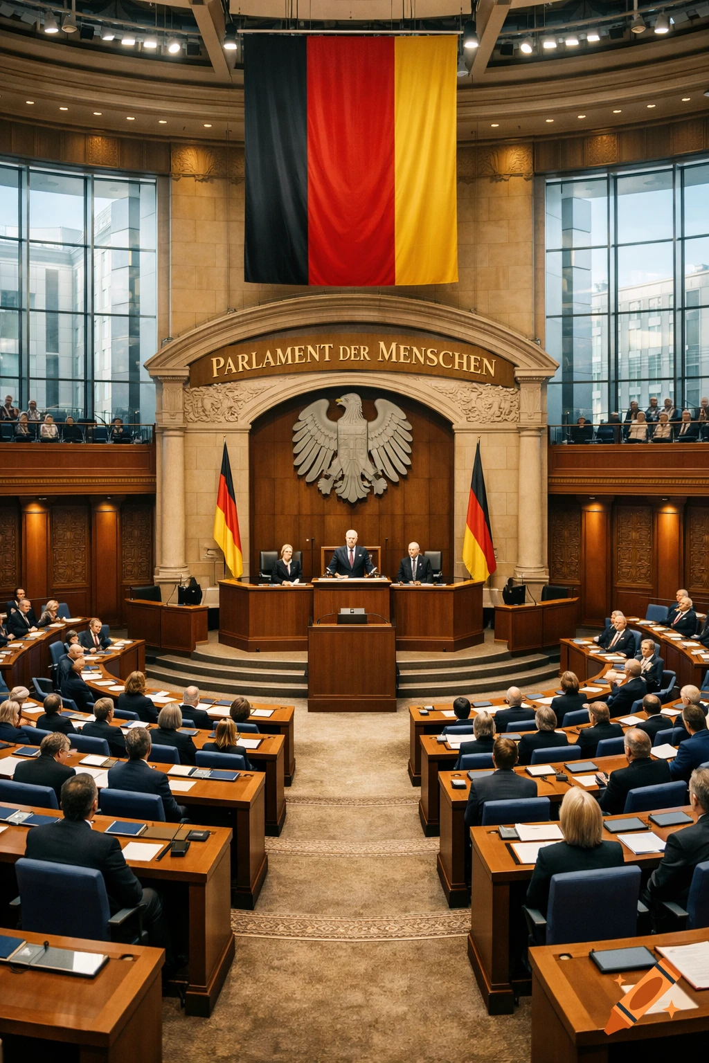 Photorealistic image of a German parliament hall with a large flag ...