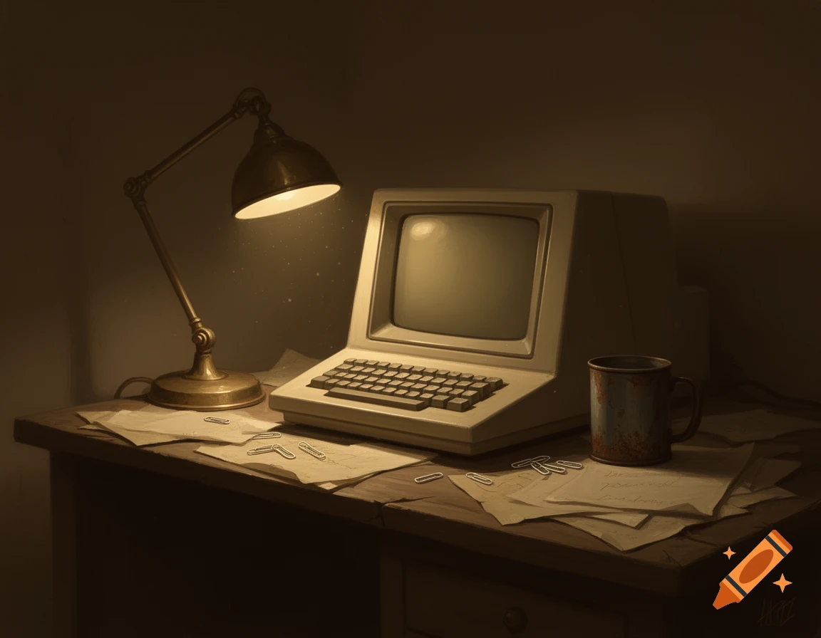 Dimly lit retro desk with an old computer, a glowing desk lamp ...