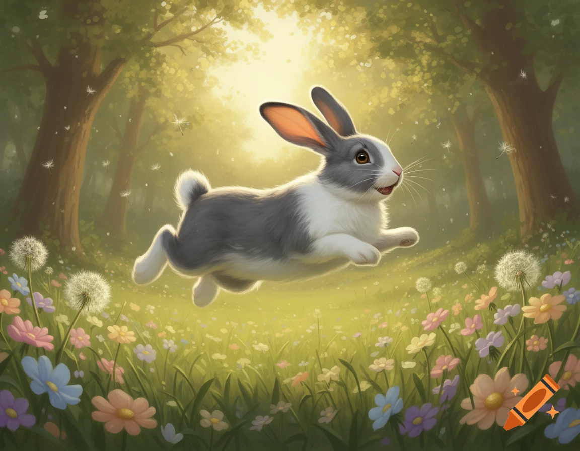 A grey and white rabbit leaps happily in a field of colorful flowers ...