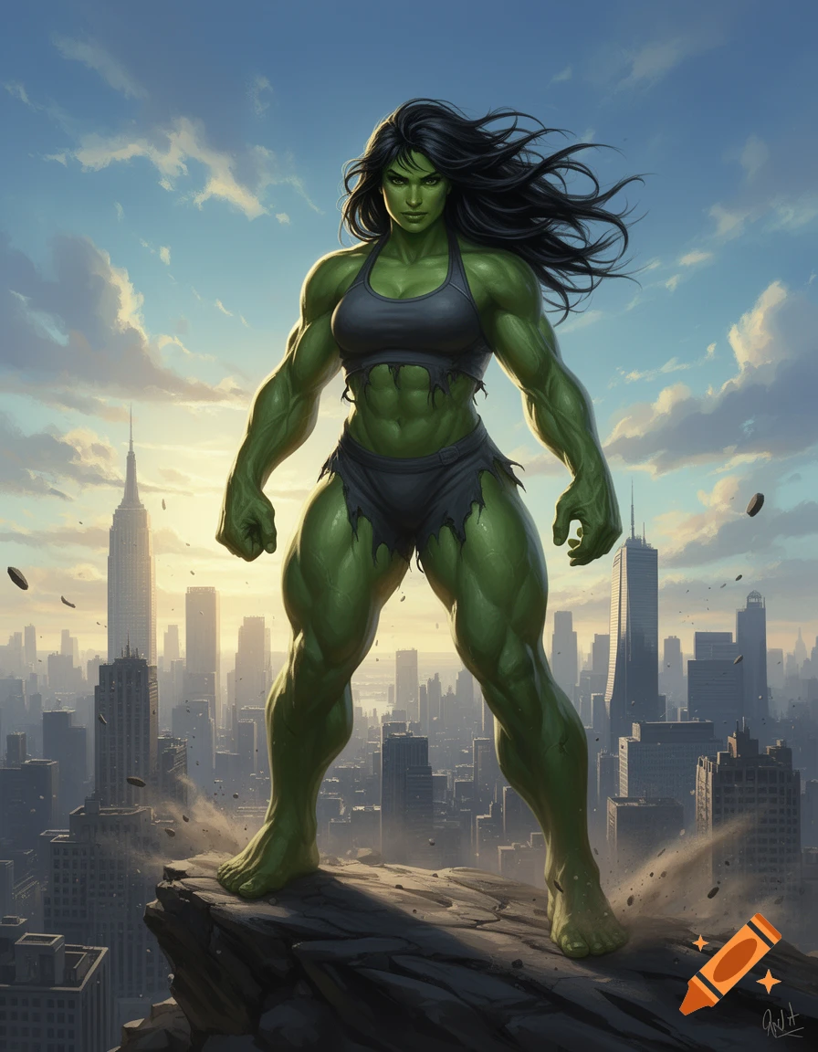 Powerful green She-Hulk stands on a cliff overlooking a city skyline ...