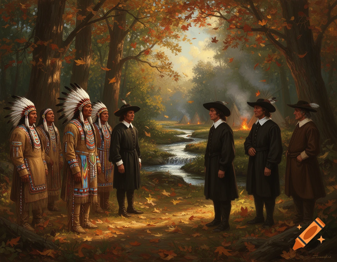 Native Americans and Pilgrims meet by a river in a sunlit autumn forest ...