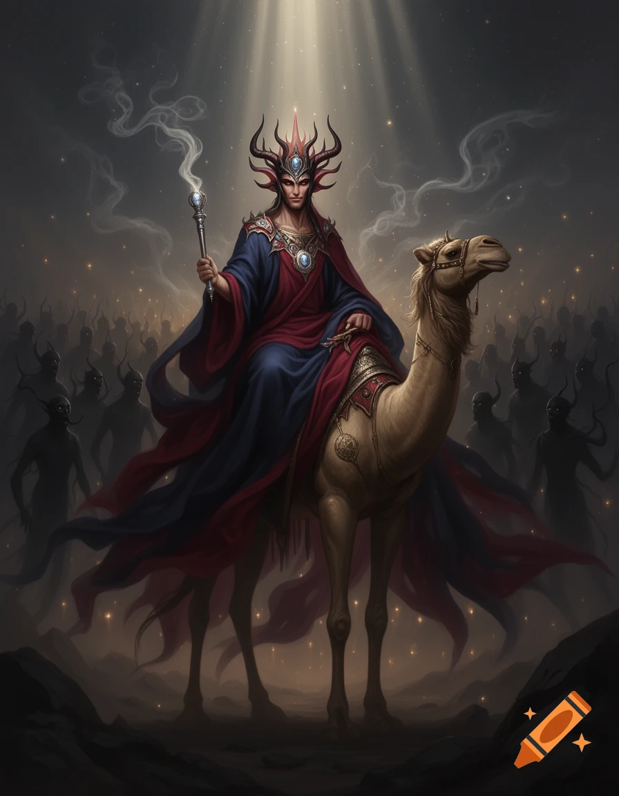 A regal, horned figure with red eyes rides a camel, holding a glowing ...