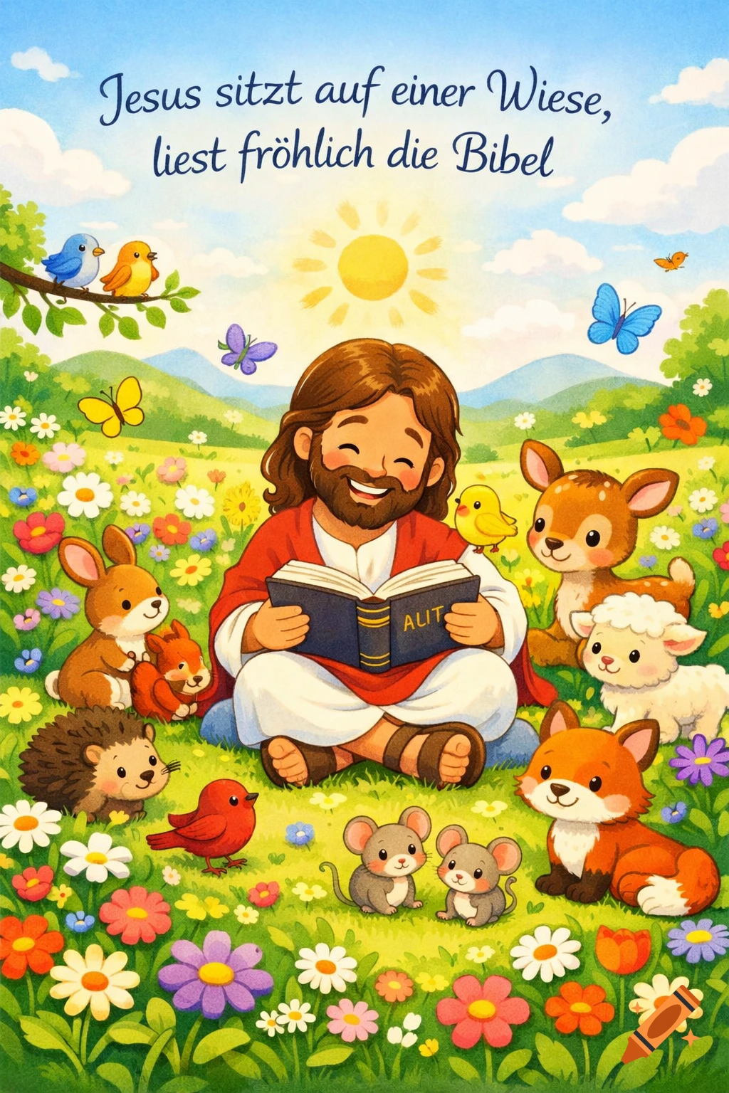 Cartoon Jesus sits on a flowery meadow, reading a book with smiling ...