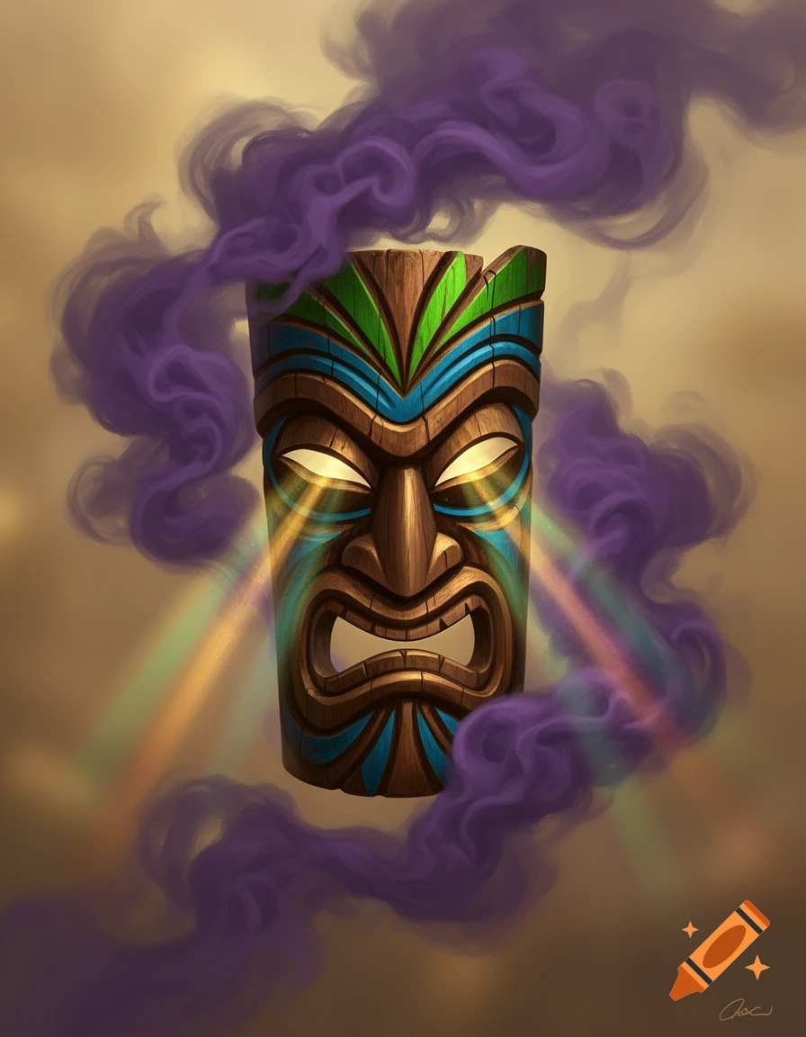 A colorful wooden Hawaiian tiki mask with glowing eyes, surrounded by ...