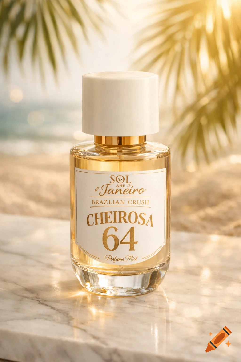 Photorealistic Sol de Janeiro Cheirosa 64 perfume bottle on marble ...