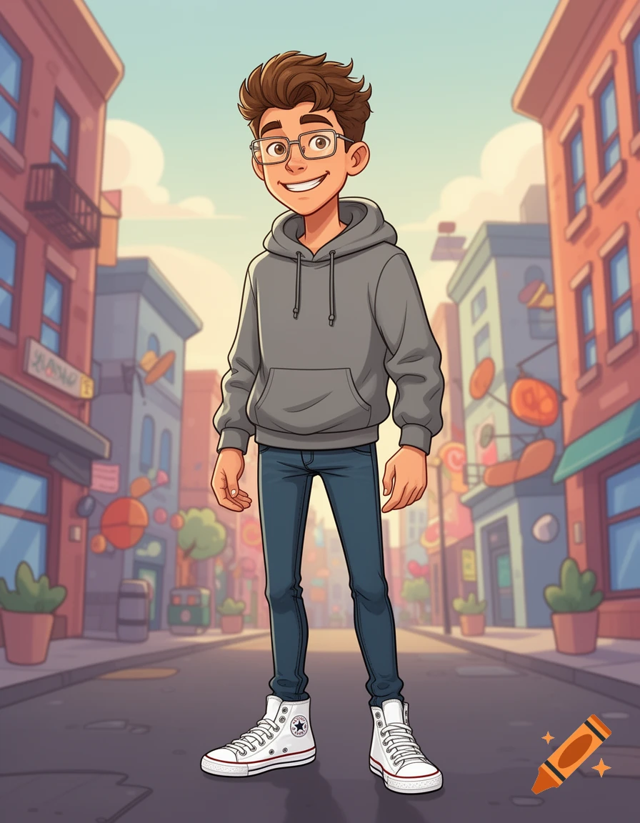 A cartoon young man with short brown hair and glasses, wearing a grey ...