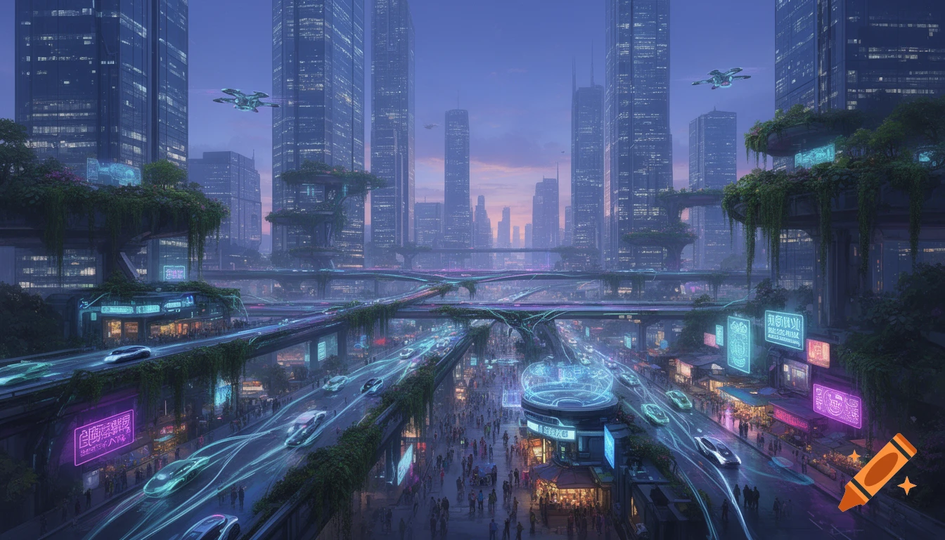 A bustling futuristic cityscape at dusk, featuring towering skyscrapers ...