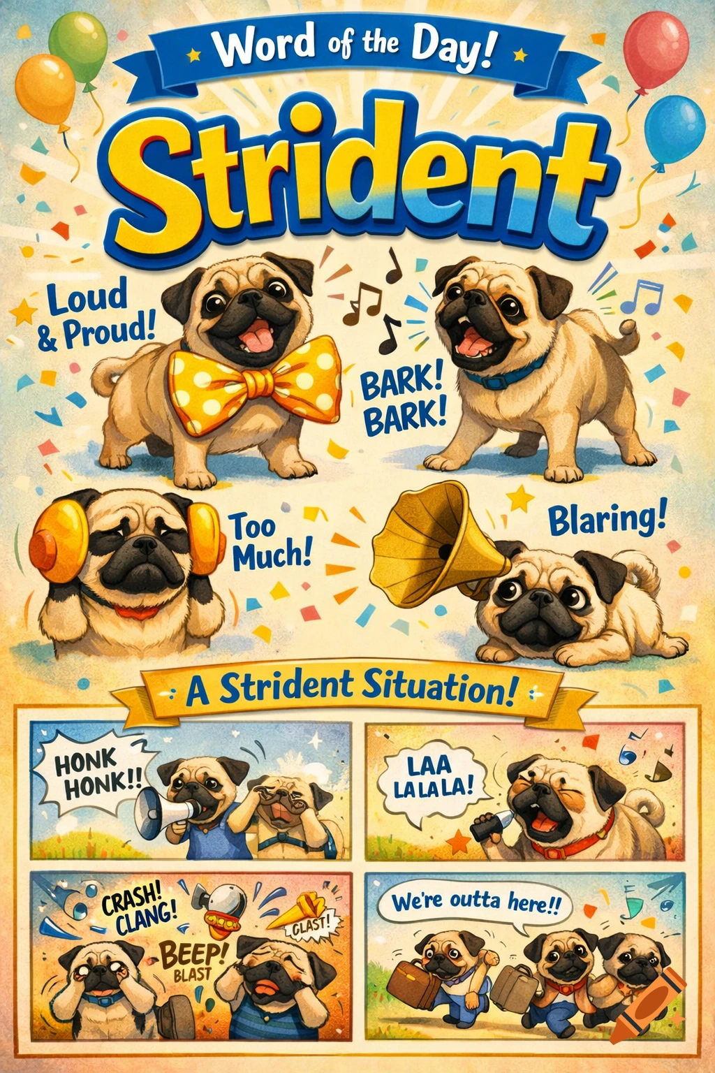 Cartoon poster illustrating the word 'Strident' with pugs reacting to ...