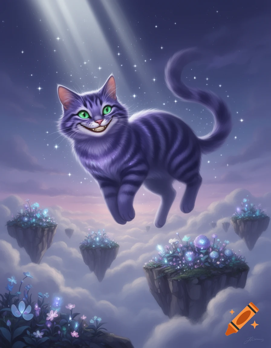 A grinning purple striped Cheshire cat floats among glowing flowers on ...