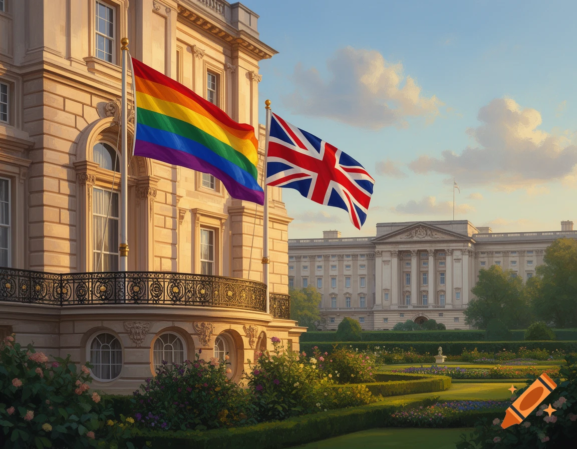 A grand building resembling Buckingham Palace with an LGBT pride flag ...