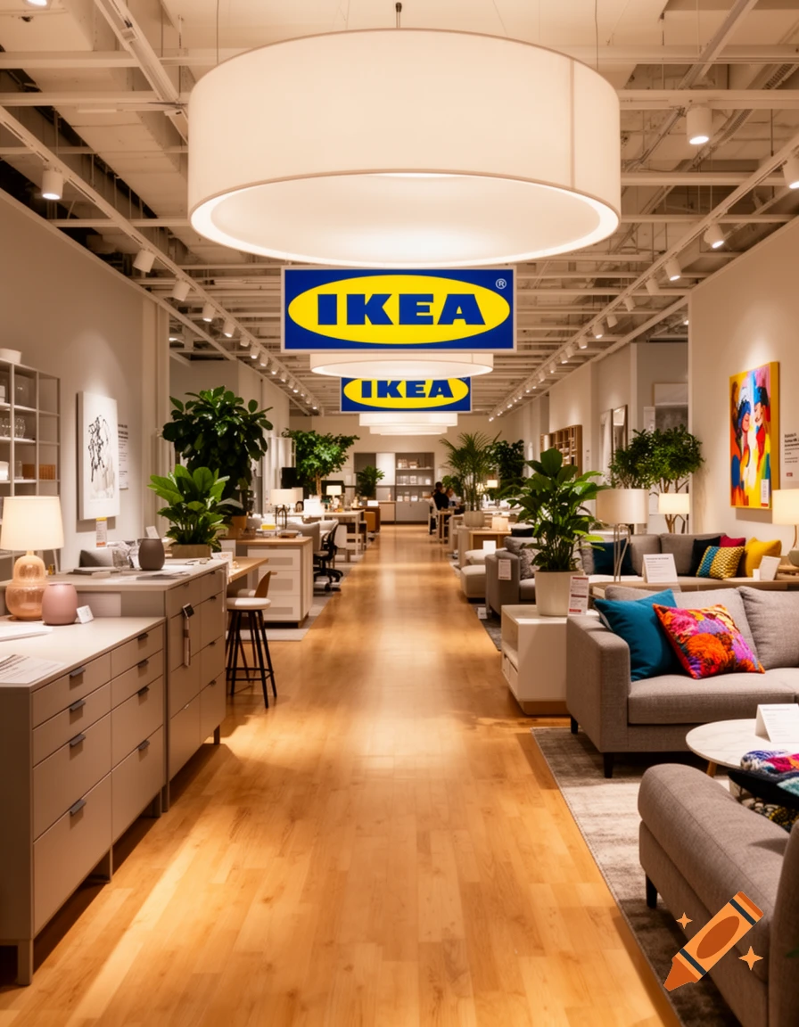 Brightly lit interior of an IKEA furniture store with display rooms, a ...