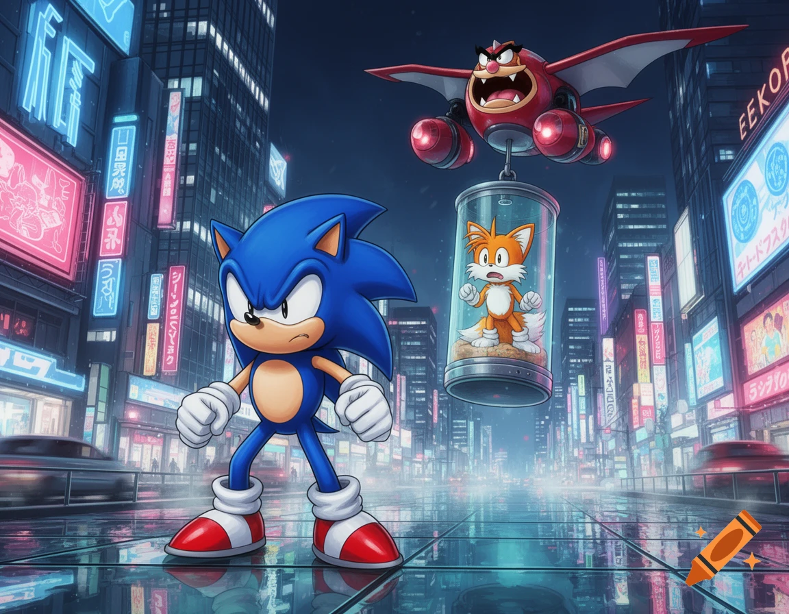 Sonic stands ready in a neon-lit Tokyo cityscape at night, while Tails ...
