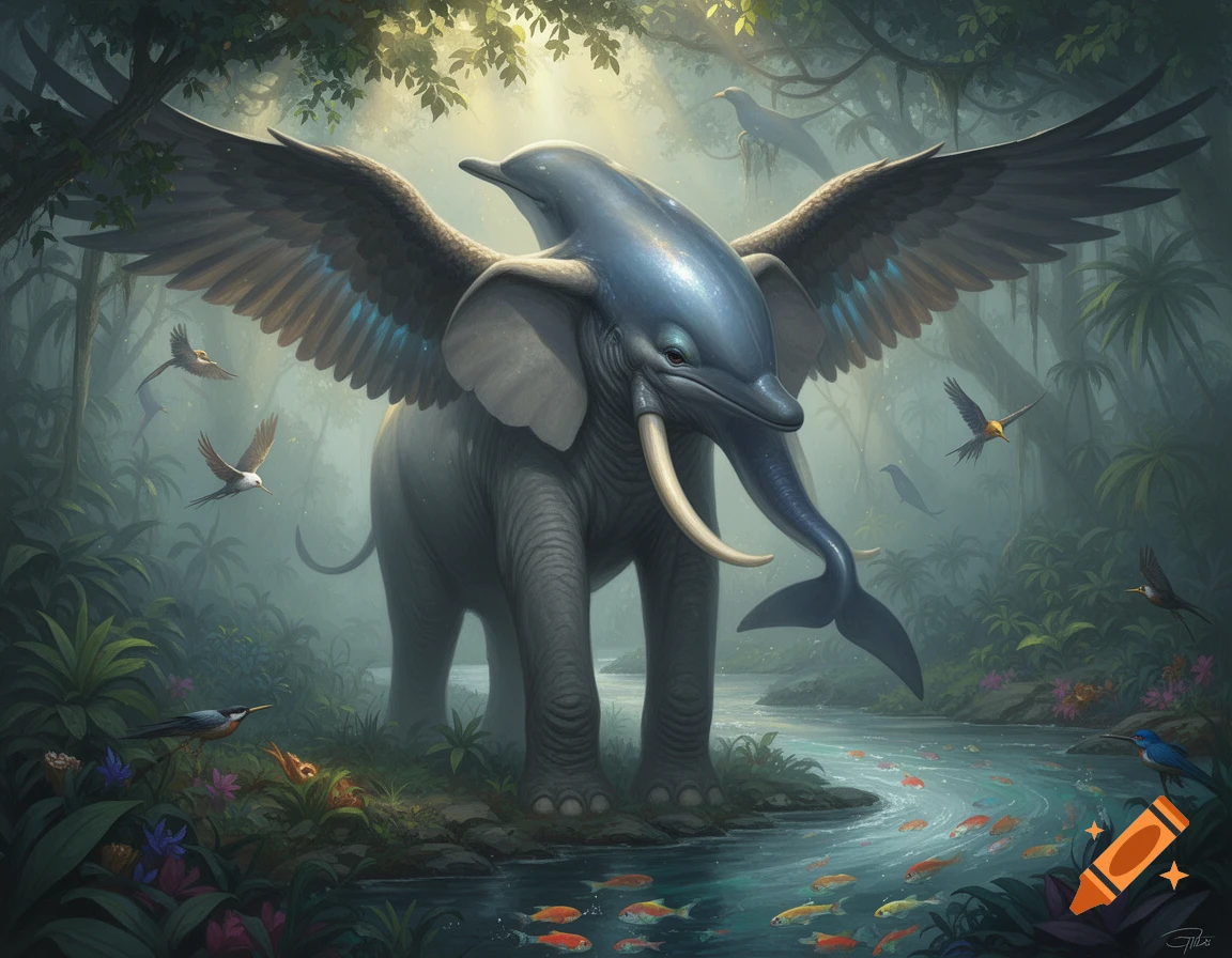 A majestic elephant with a dolphin head, eagle wings, and a dolphin ...