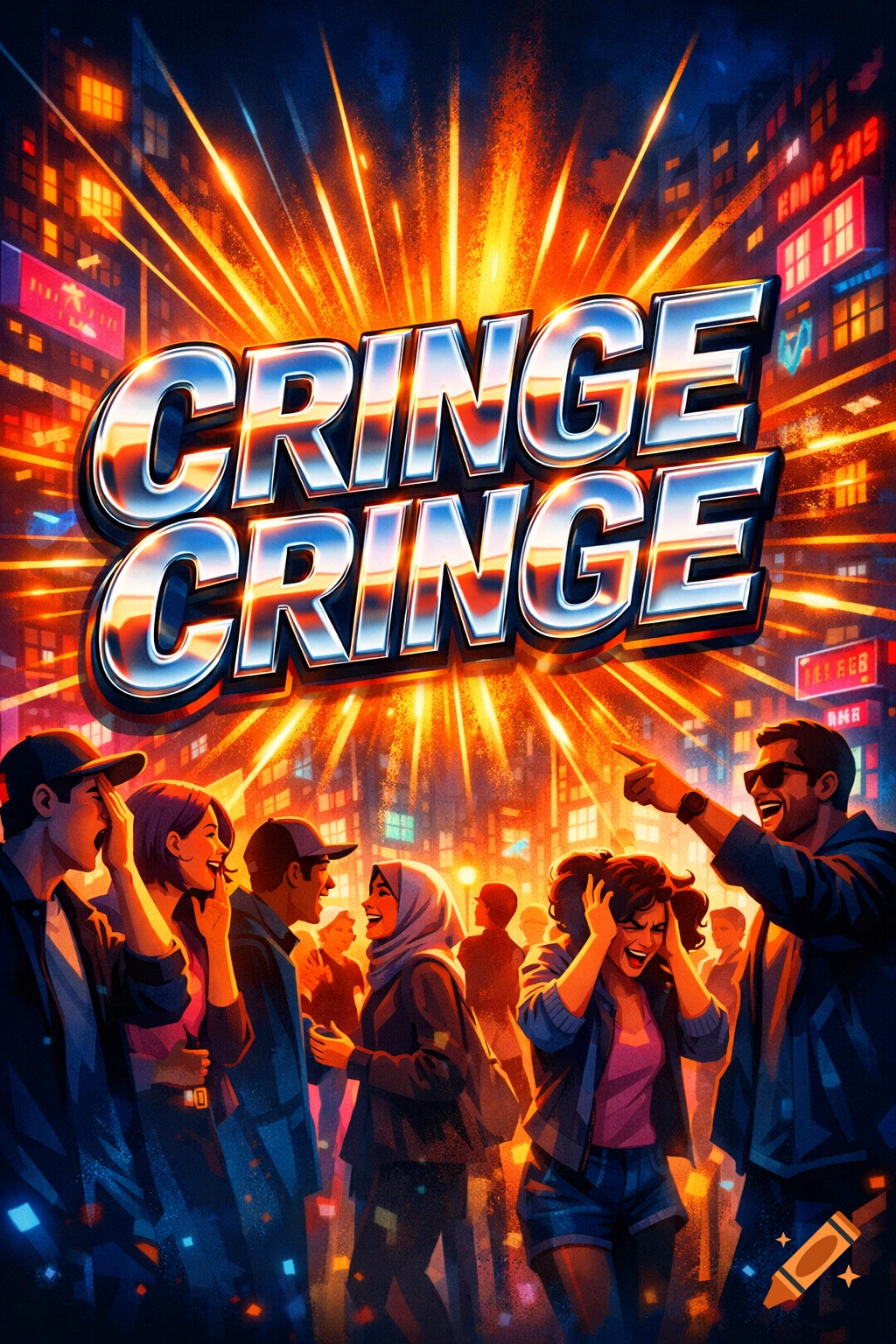 Colorful illustration of people reacting to the bright, shining 'CRINGE ...