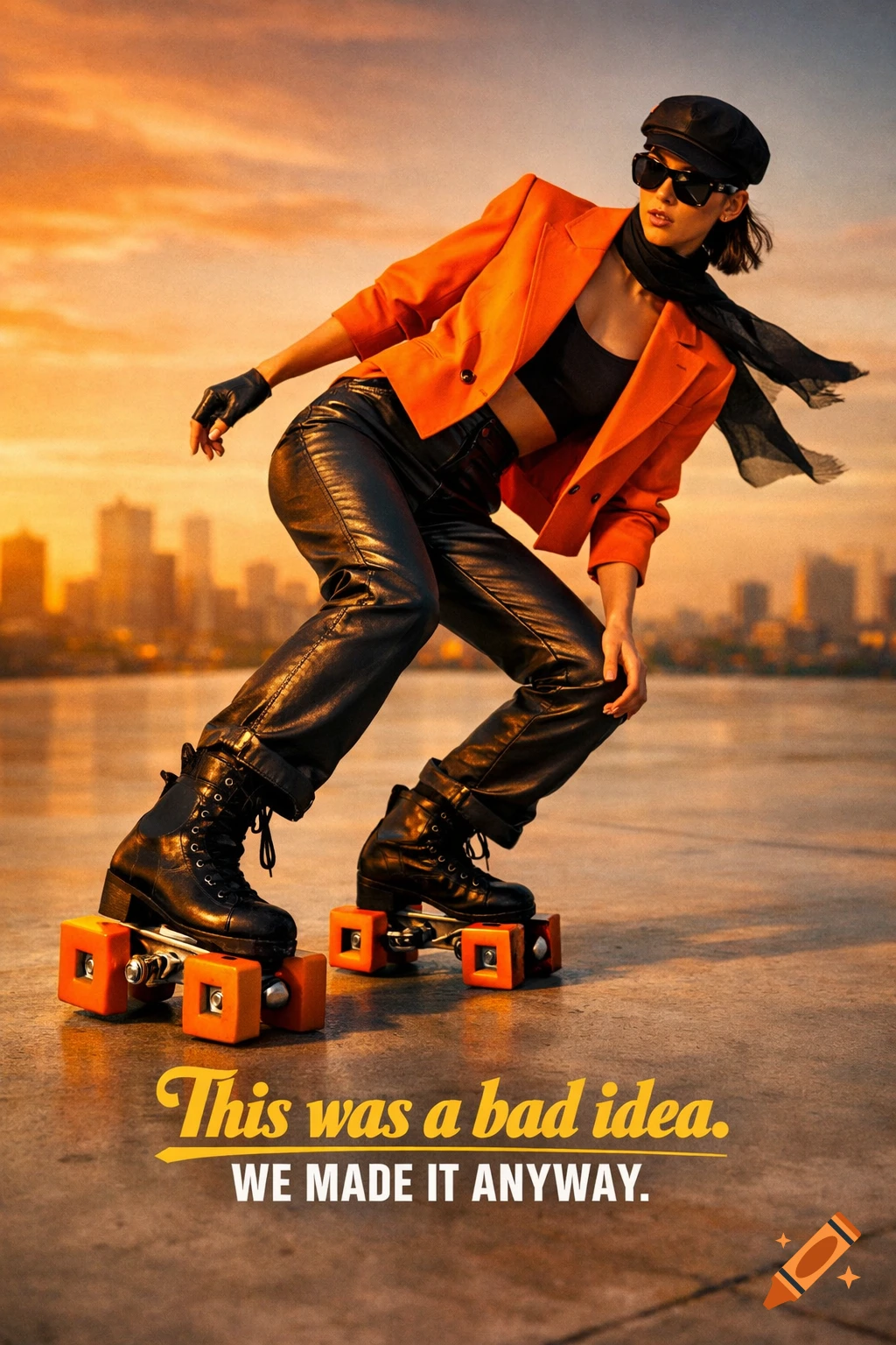 A fashion model in an orange jacket, leather pants, and square-wheeled ...