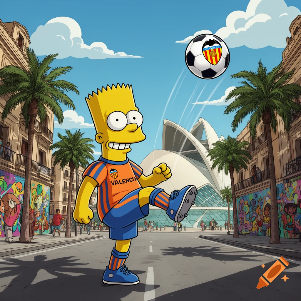 Bart Simpson in a Valencia FC jersey kicking a soccer ball on a city ...