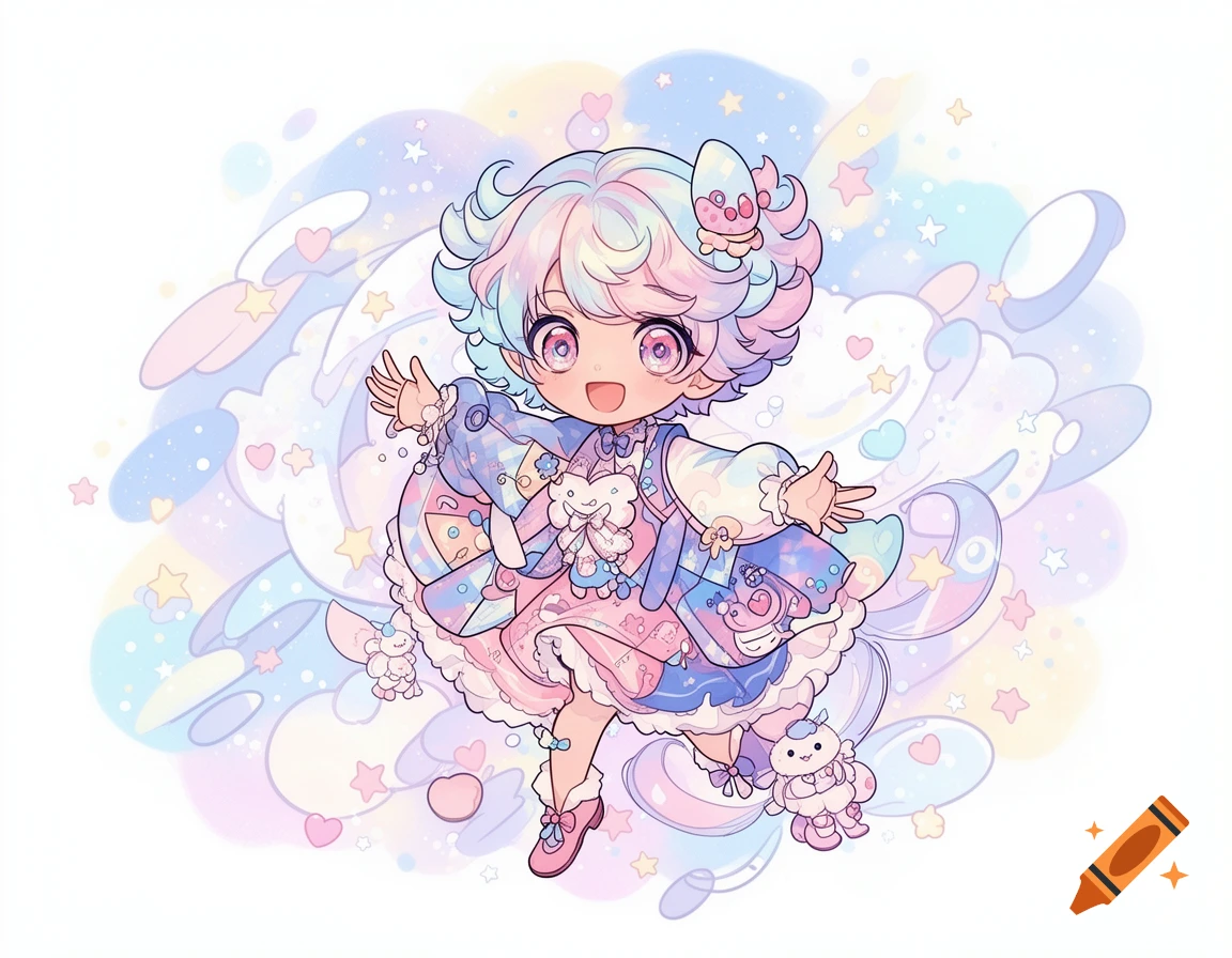 Cute pastel chibi anime character with curly hair, wearing a frilly ...