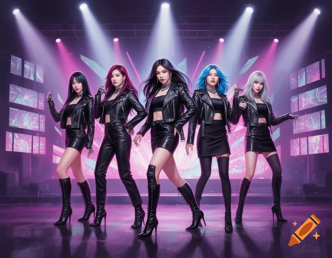 Five K-pop girl group members pose on a stage under purple and pink ...