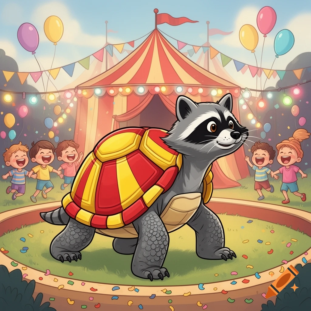 Clipart-style cartoon of a raccoon with a turtle shell walking in a ...